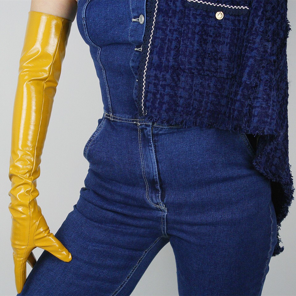 LATEX LONG GLOVES Shine Leather Faux Patent PU 20" 50cm Opera Ginger ...
