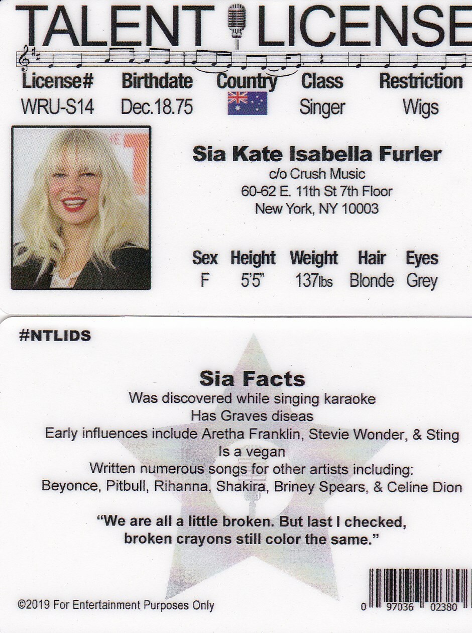 SIA Furler CHANDELIER song driver's license- fake ID i.d. card Drivers ...
