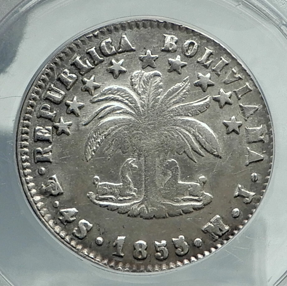 1855 PTS MJ Bolivia LARGE SIMON BOLIVAR Genuine 4 Sol Silver Coin ANACS ...