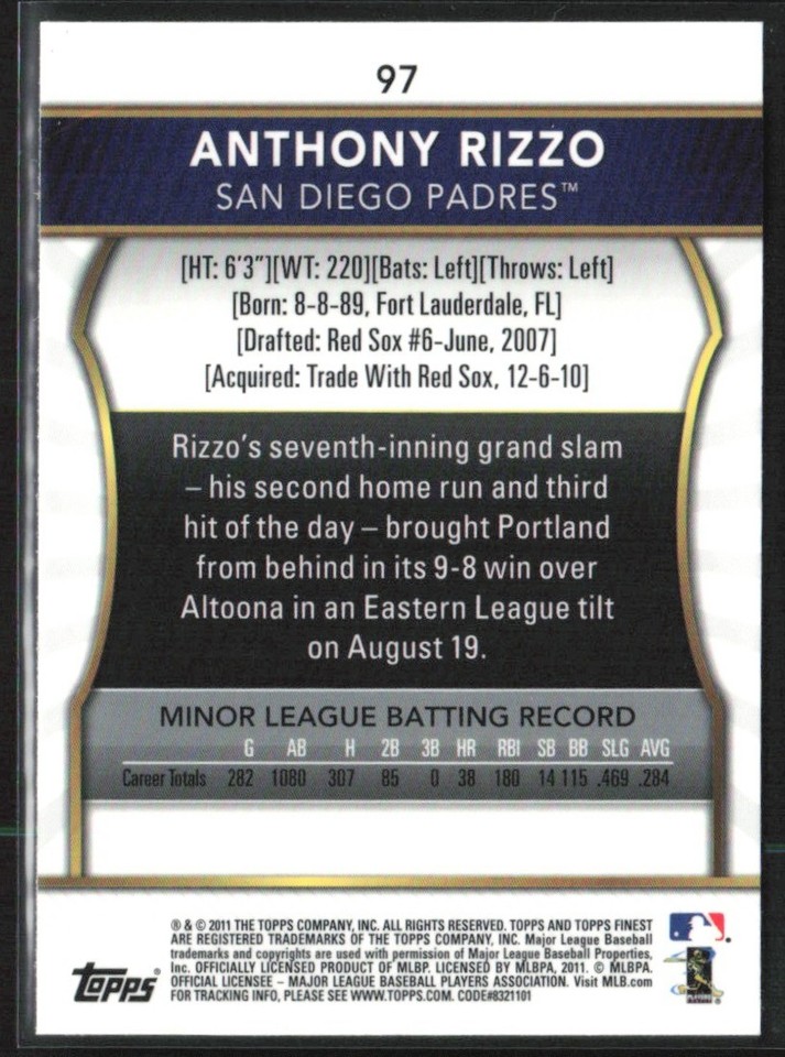 Anthony Rizzo 2011 Topps Finest RC A #97 San Diego Padres | eBay