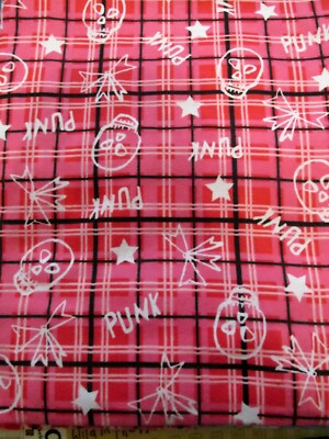 Flannel Fabric PINK plaid PUNK skull print BTHY half yard | eBay