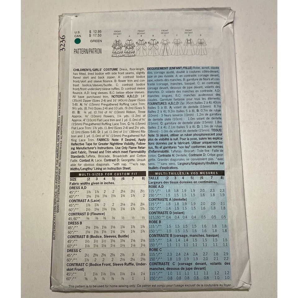 Butterick 3236 Princess Colonial Senorita Sizes 2-5 Halloween Costume ...