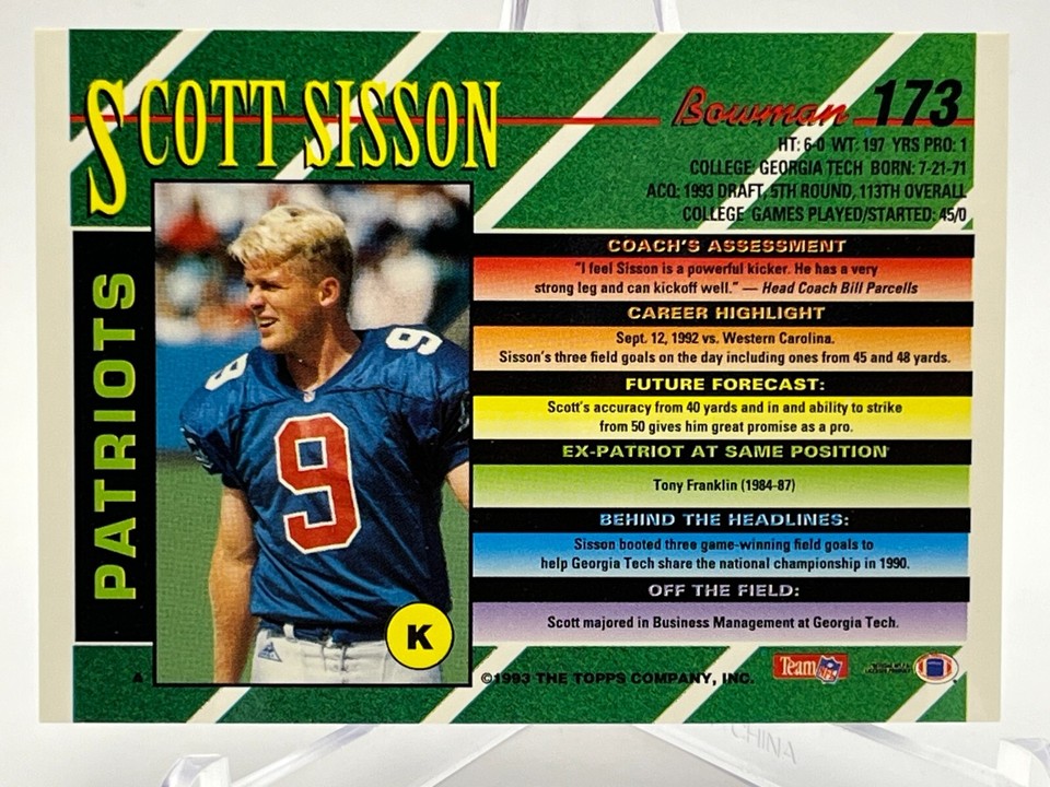 1993 Bowman NFL Football Rookie Card #173 Scott Sisson K #9 New England ...