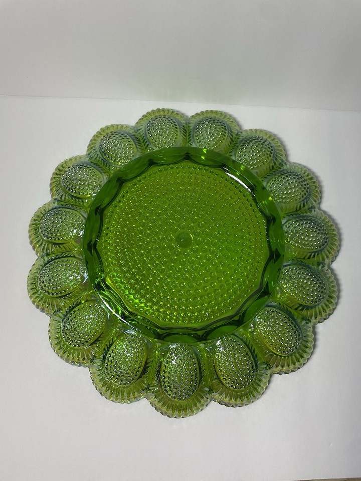 Vtg Indiana Carnival Glass Deviled Egg Plate Server Green Iridescent ...