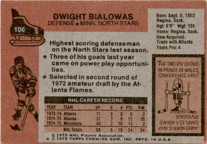 1975-76 Topps #106 Dwight Bialowas Minnesota North Stars | eBay