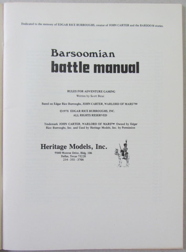 BARSOOMIAN BATTLE MANUAL~WAR GAME RULES FOR EDGAR RICE BURROUGHS~JOHN ...