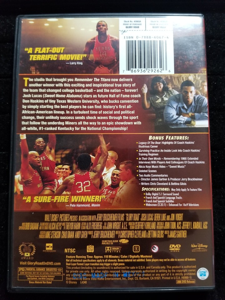 Glory Road Movie DVD in Case Raed PG Disney Basketball Based on a True ...