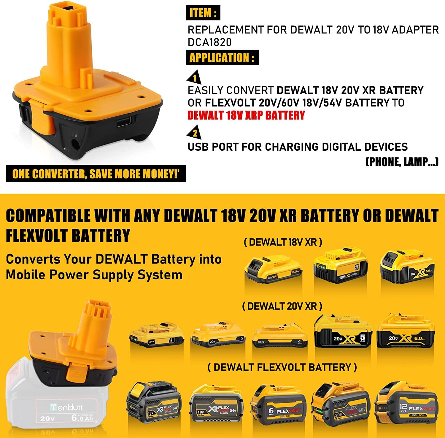 Battery Adapter Converter For DEWALT DCA1820 18Volt to 20V Max Li-ion ...