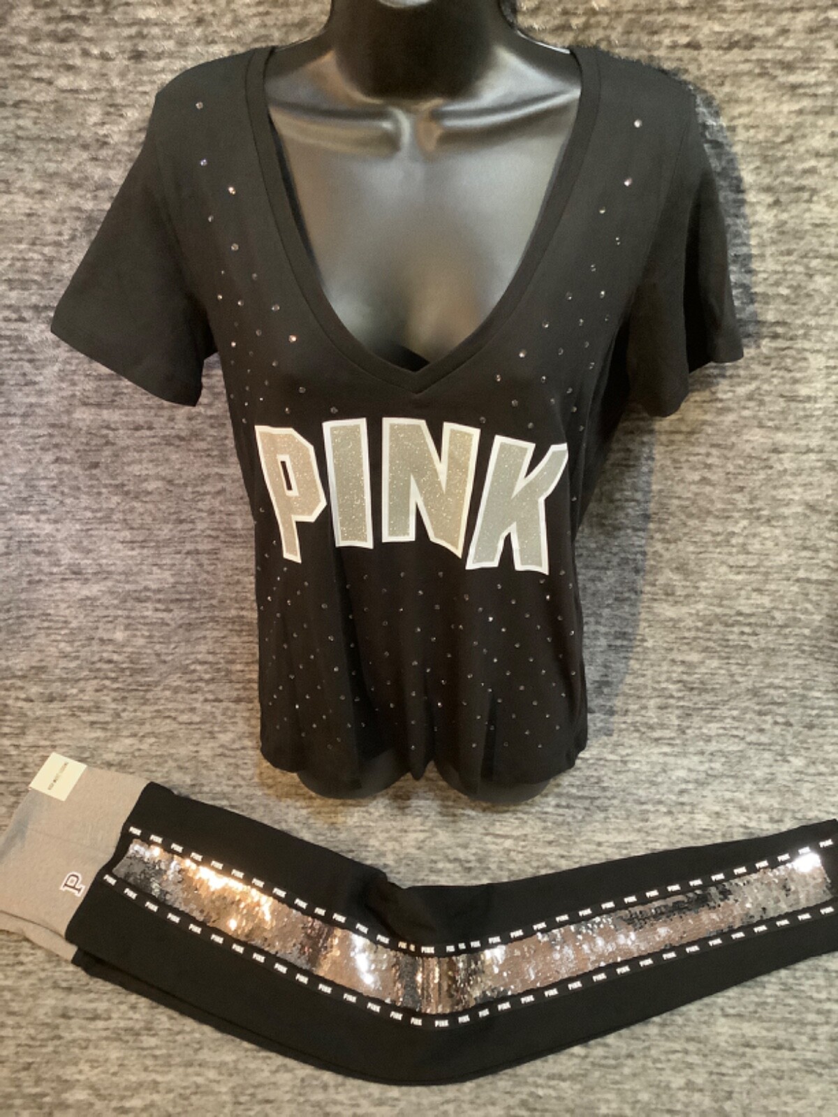 Victoria's Secret Pink Bling Rhinestone Tee Shirt + Leggings Set Black ...