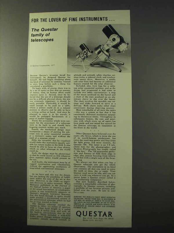 1977 Questar Telescope Ad - Lover of Fine Instruments | eBay