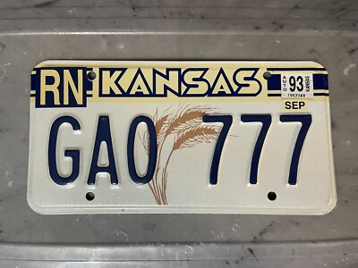 KANSAS LICENSE PLATE TRIPLE NUMBER RN RENO COUNTY GAO 777 SEPTEMBER ...