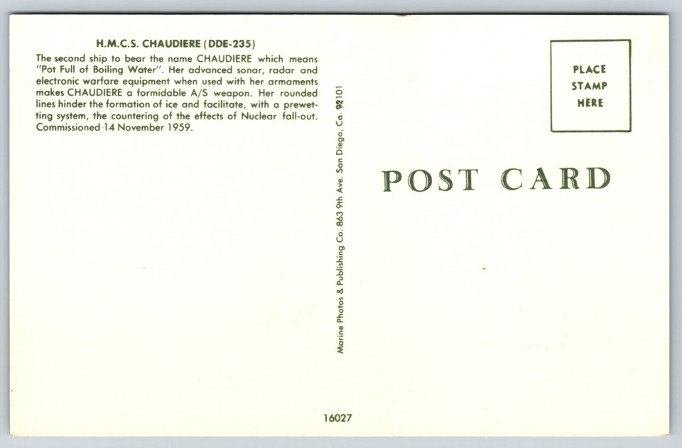 Postcard HMCS Chaudiere DDE-235 Destroyer Royal Canadian Navy Ship F14 ...