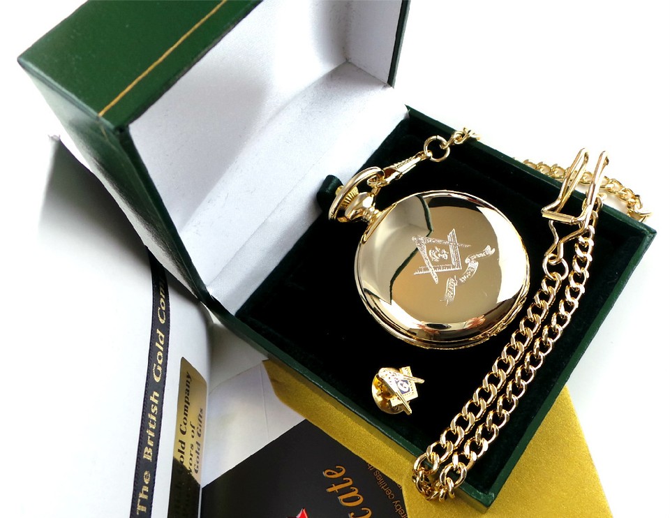 FREEMASON 24k GOLD Hunter POCKET WATCH Lapel Pin Badge Gift Set Luxury ...
