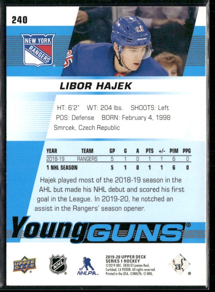 2019-20 Upper Deck Libor Hajek Young Guns RC #240 New York Rangers | eBay