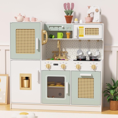 Wooden Kitchen Playset for Kids, Pink Pretend Play Kitchen with Lights ...