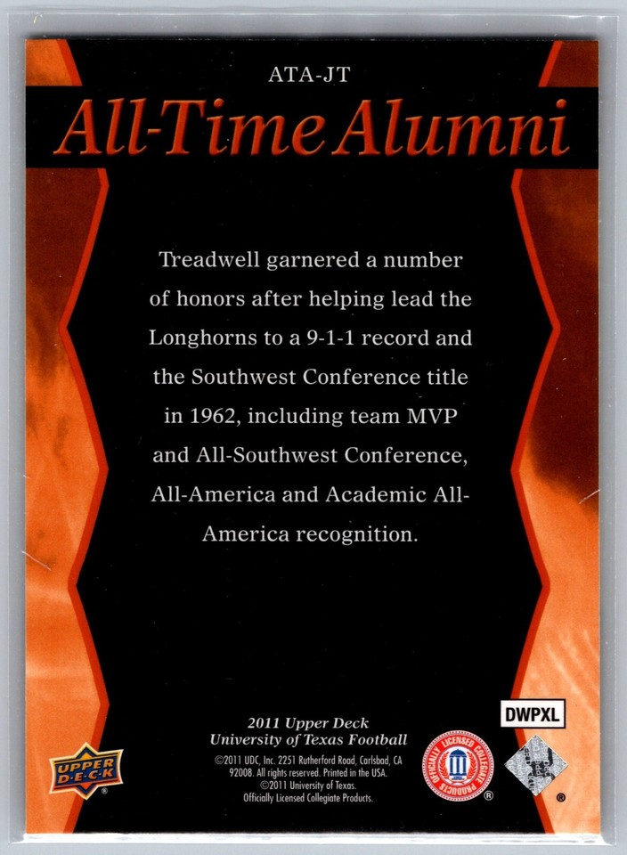2011 Upper Deck University Of Texas Johnny Treadwell #ATA-JT All-Time ...