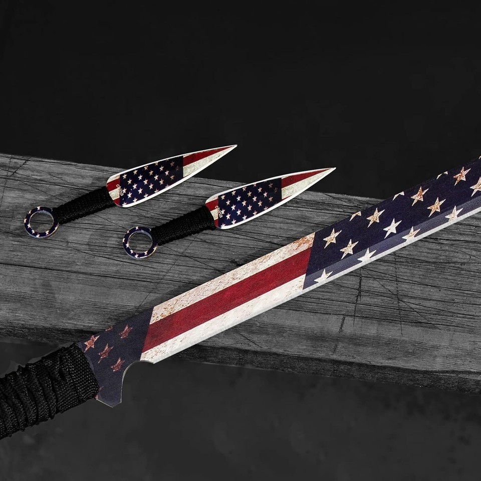 27" USA Flag Full Tang Tactical Katana Ninja Sword Machete Combat w/ 2 ...
