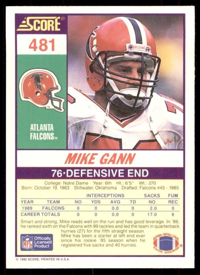1990 Score Mike Gann Atlanta Falcons #481 | eBay