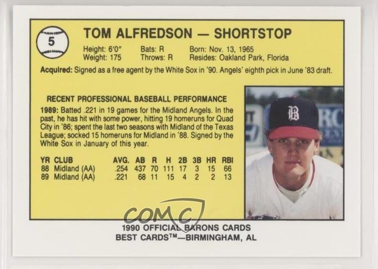 1990 Best Birmingham Barons Tom Alfredson #5 1c7 | eBay UK