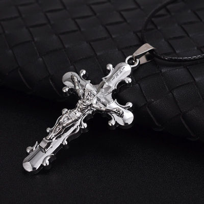 3D Titanium Steel Christian Jesus Cross Catholic Crucifix Leather Cord ...