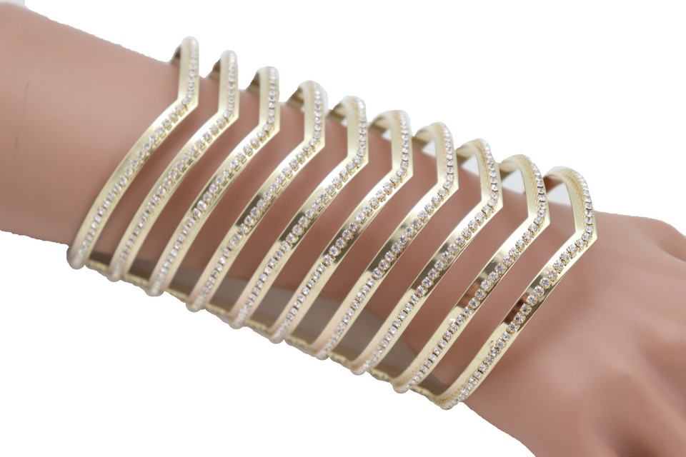 Women Gold Metal Bling Long Cuff Bracelet Fancy Chevron Wonder Popstar ...