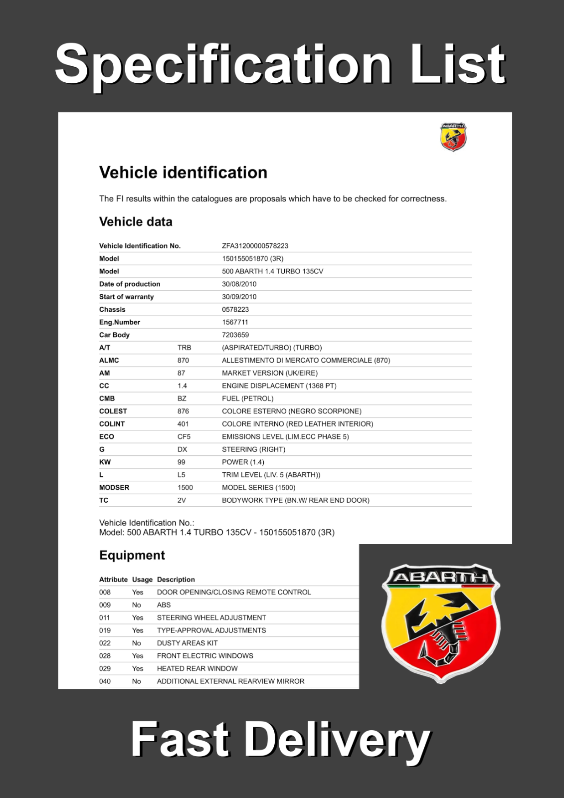 Abarth Specification Spec Build List Sheet - Emailed To You | eBay