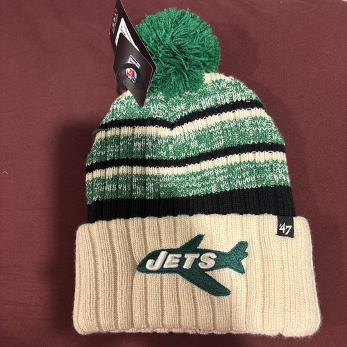 '47 NY JETS NFL FLEECE LINED Knit Cap Cuff pom beanie Crm/Grn Jet Logo ...
