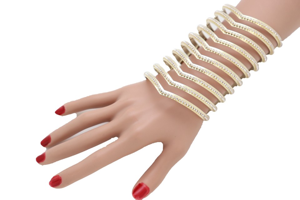 Women Gold Metal Bling Long Cuff Bracelet Fancy Chevron Wonder Popstar ...