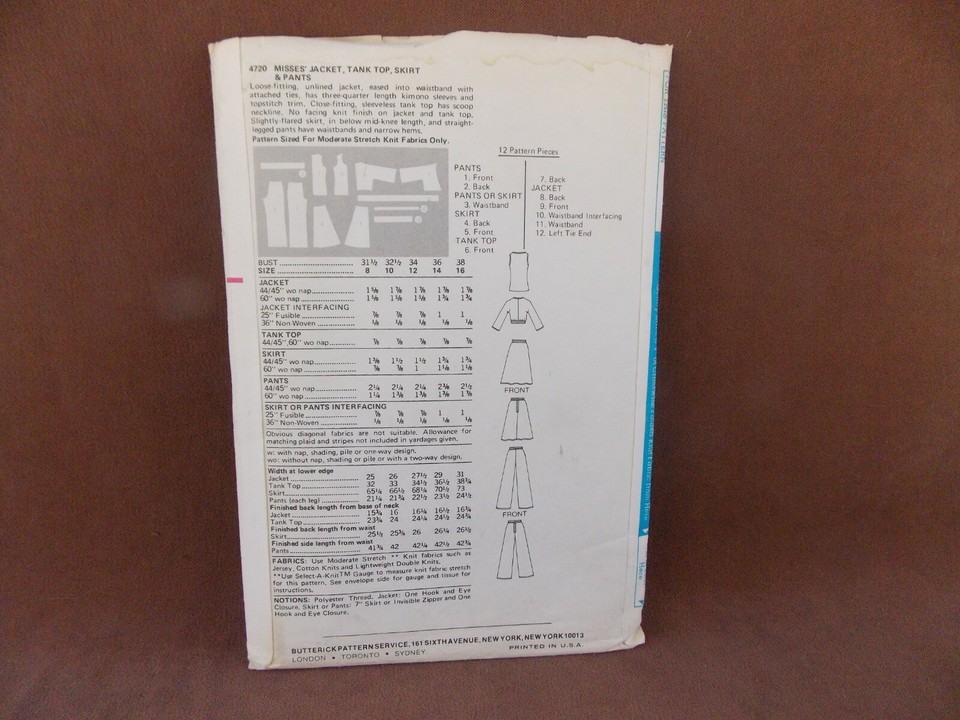 Butterick Misses Jacket, Tank Top, Skirt & Pants Size 10 Uncut Pattern ...