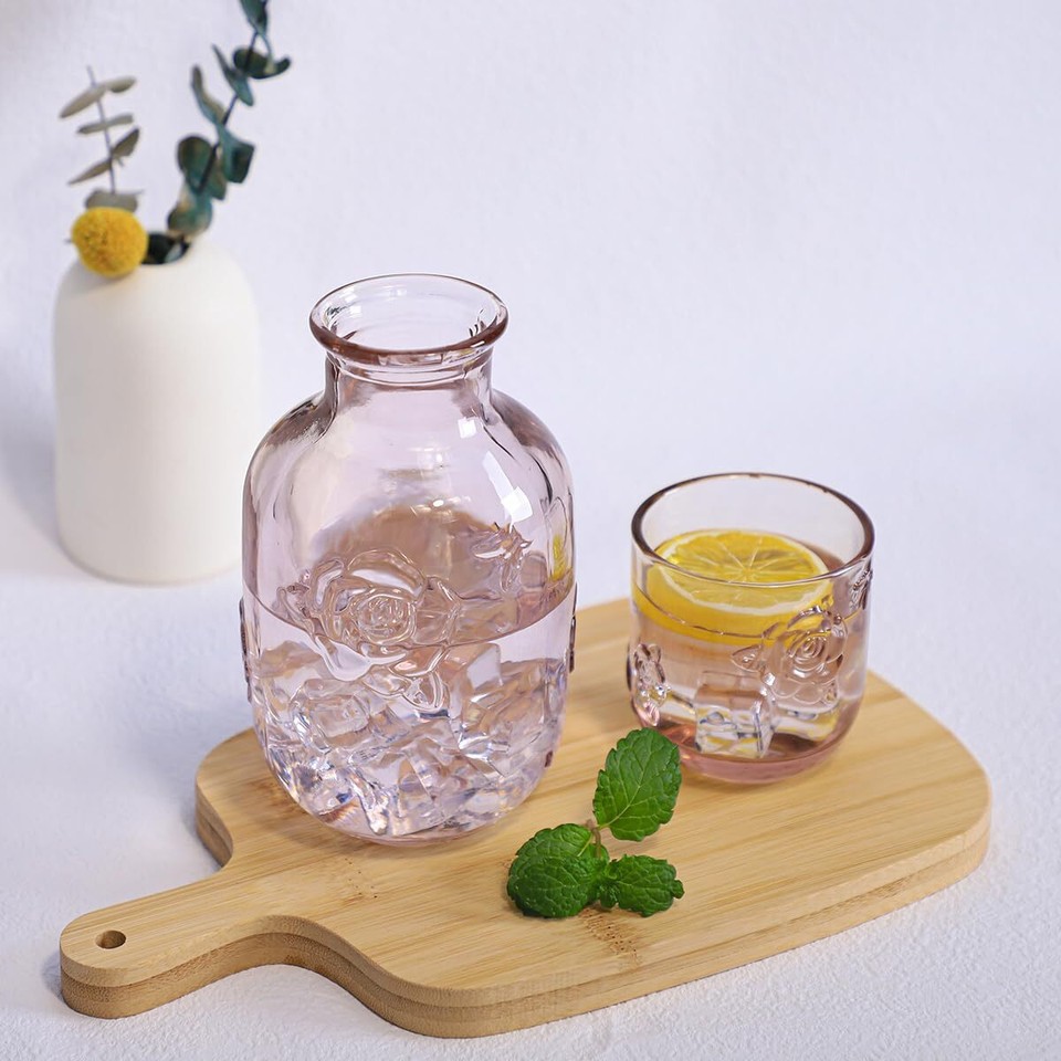 15 Oz Rose Embossed Pink Glass Bedside Night Water Carafe With Tumbler ...