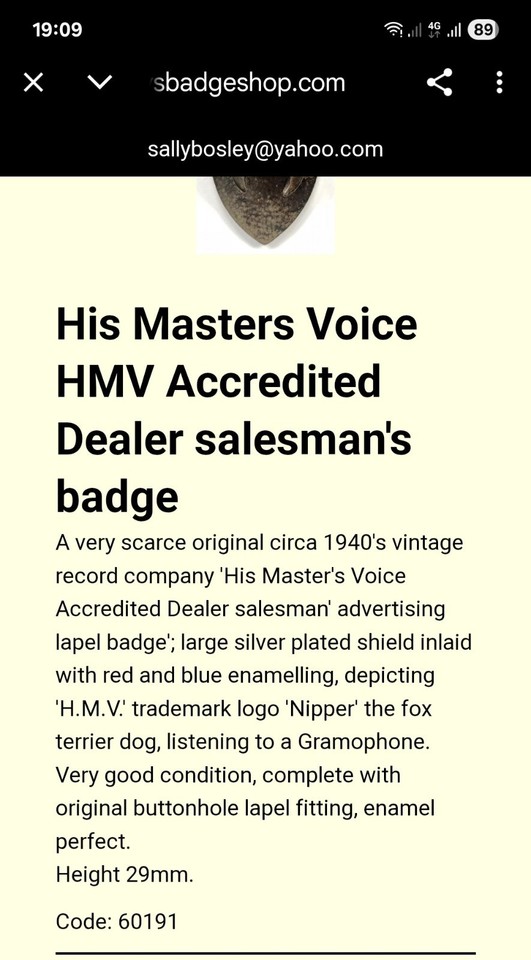 HMV HIS MASTERS VOICE ORIGINAL ENAMEL STAFF/DEALER BADGE 1940'S | eBay UK