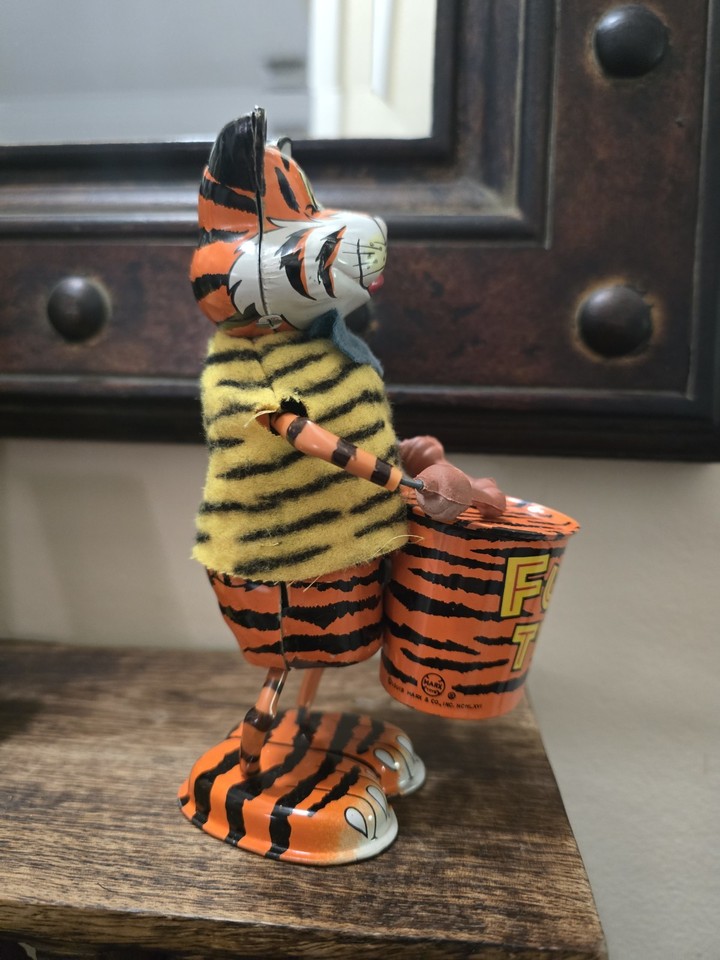 MARX FUNNY TIGER DRUMMING TIN WIND UP WITH BOX, SEMI WORKS READ ...