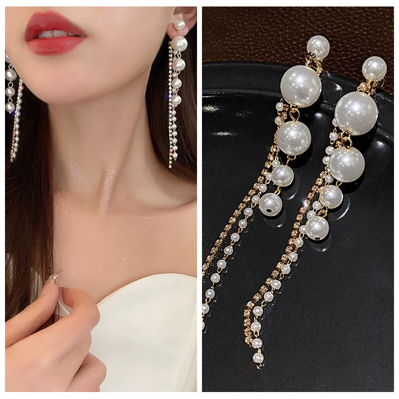Long Dangle Earrings Women Fashion Crystal Simulated Pearl Tassel Drop ...