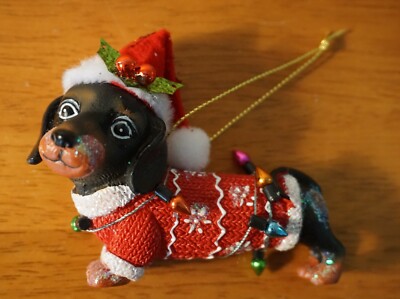 Santa Hat Dachshund Weiner Dog in Christmas Sweater & Tree Lights ...
