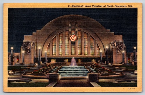 Cincinnati Union Terminal At Night Ohio OH Vintage Postcard F1 | eBay