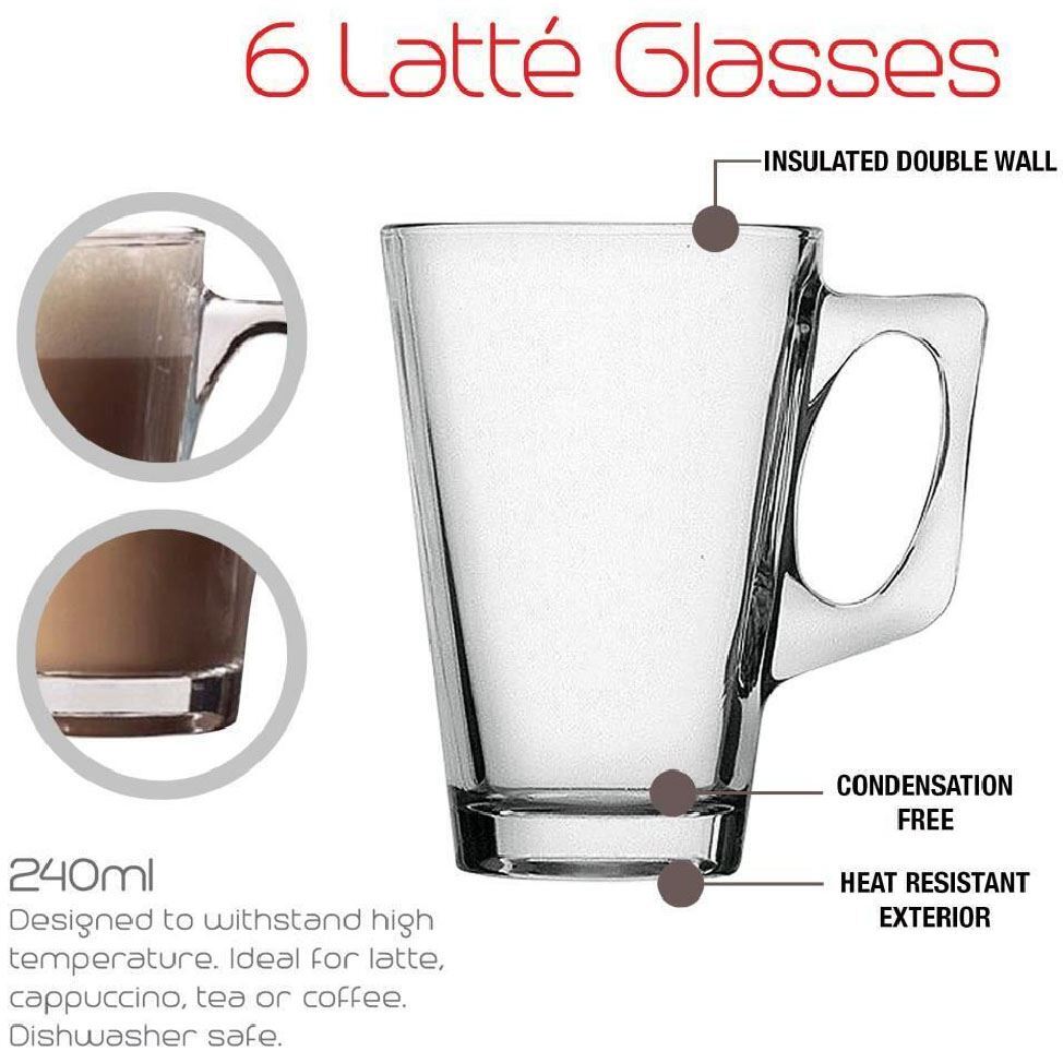 6 X Latte Coffee Glasses and Cappuccino Frother Lattes Tea Glass Cups ...