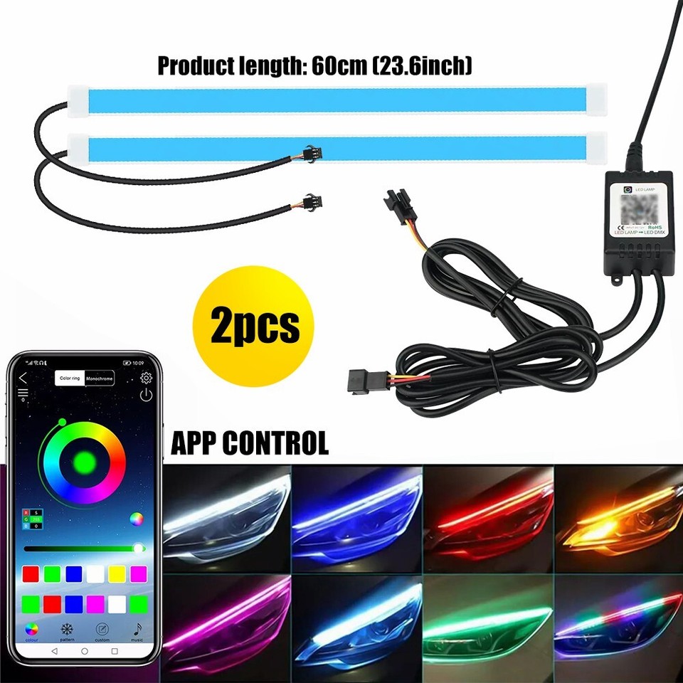 60CM RGB LED DRL Light Car Headlight Strip Light Turn Signal APP ...