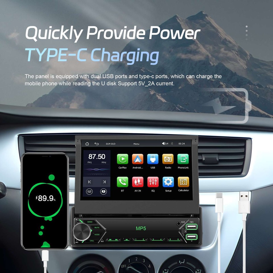 7" Single 1 DIN Flip out Touch Screen Car Stereo Radio Bluetooth ...