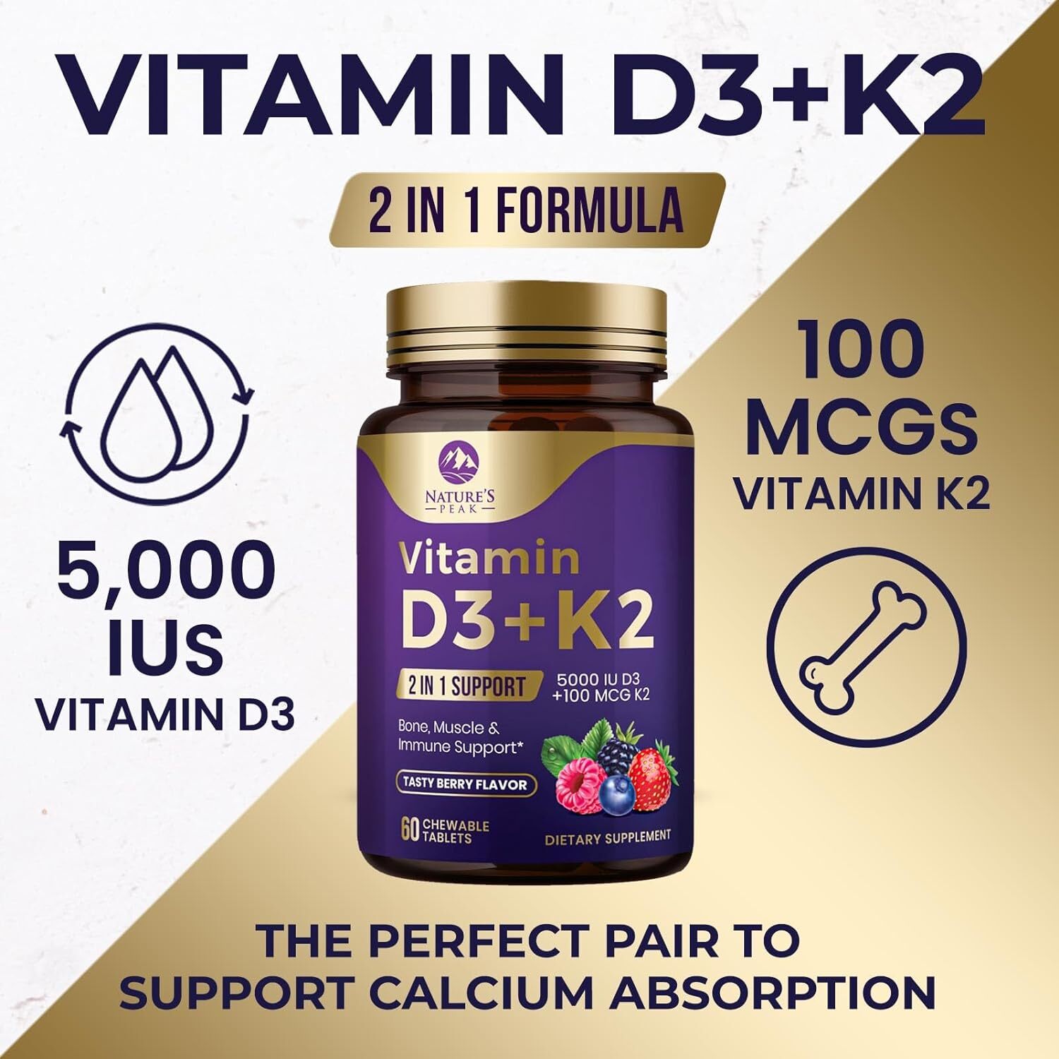 D3 K2 Vitamin Supplement - 5000iu of D-3 & 100mcg of K2 as MK-7 ...
