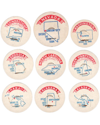 Milk Bottle Caps Vintage Original Set of 9 State Pogs Nevada Alaska CT ...