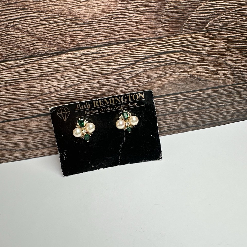 Lady Remington Faux Pearl Green Rhinestone Pierced Stud Earrings Gold ...