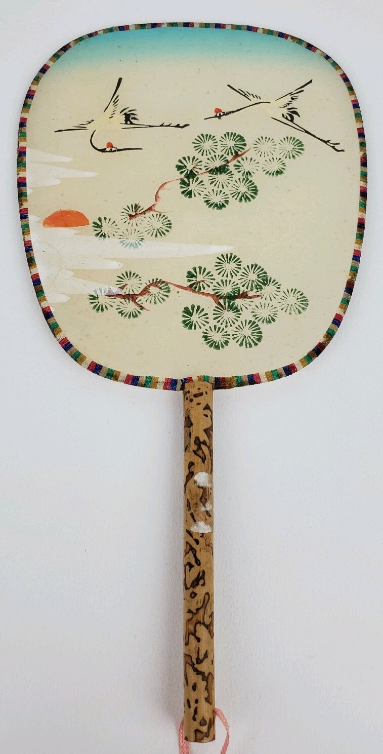 (2) Vintage Oriental Floral Birds Butterfly Wooden Handle Silk Paddle ...