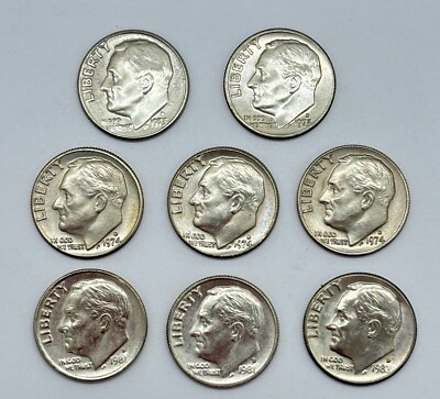 Mixed Lot of 8 Uncirculated Roosevelt Dimes 1973 1974 1981 1982 1983 ...