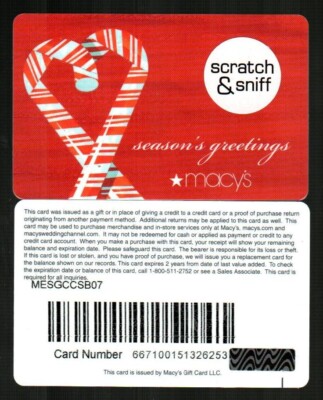 MACY'S Season's Greetings, Candy Canes 2007 Scratch & Sniff Gift Card ...