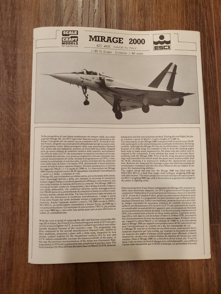 1/48 ESCI Dassault Mirage 2000 Recessed panel Lines Cartograph Decals ...