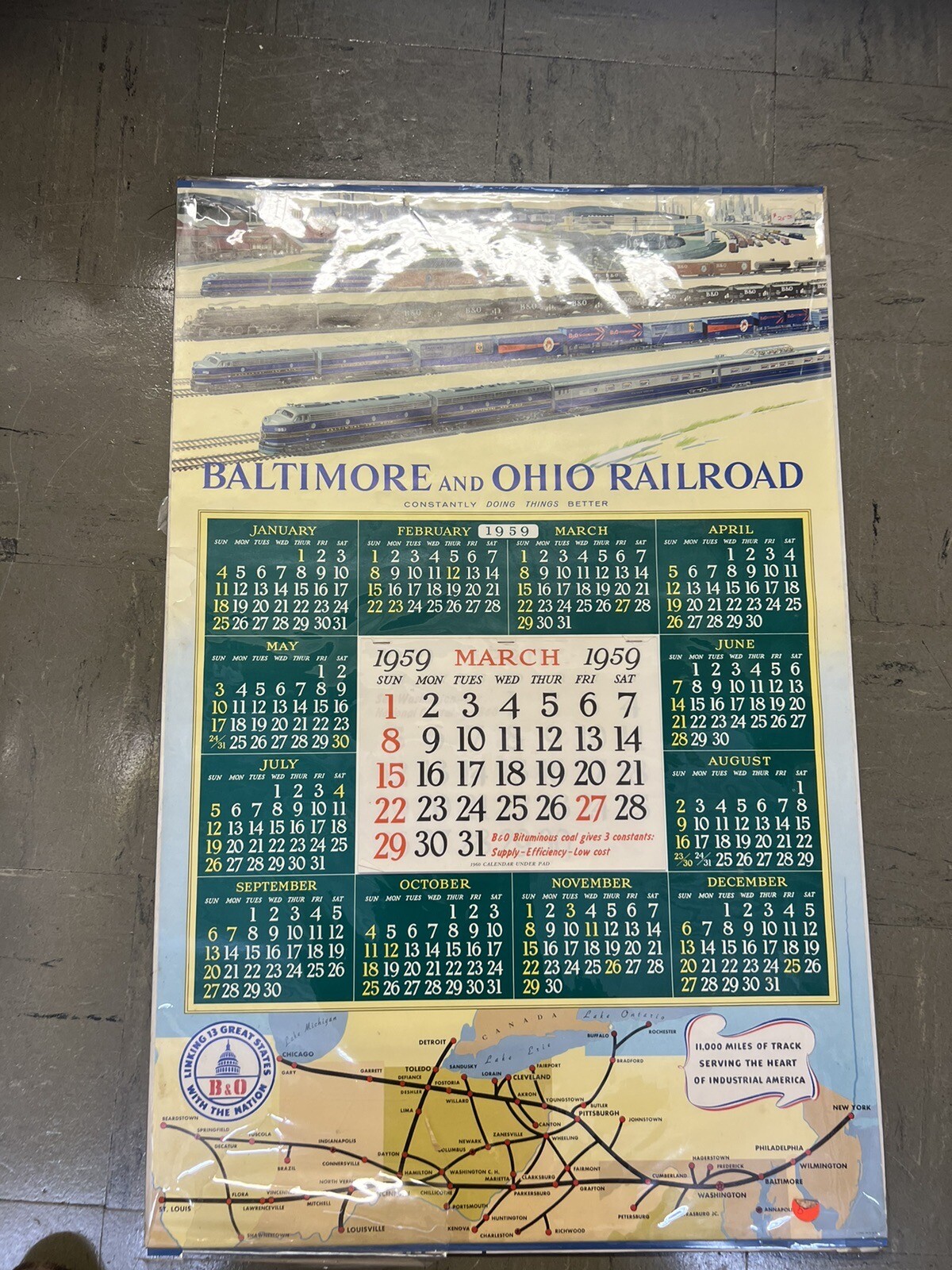 Vintage 1959 Baltimore and Ohio B&O Railroad Train Calendar Lithograph ...