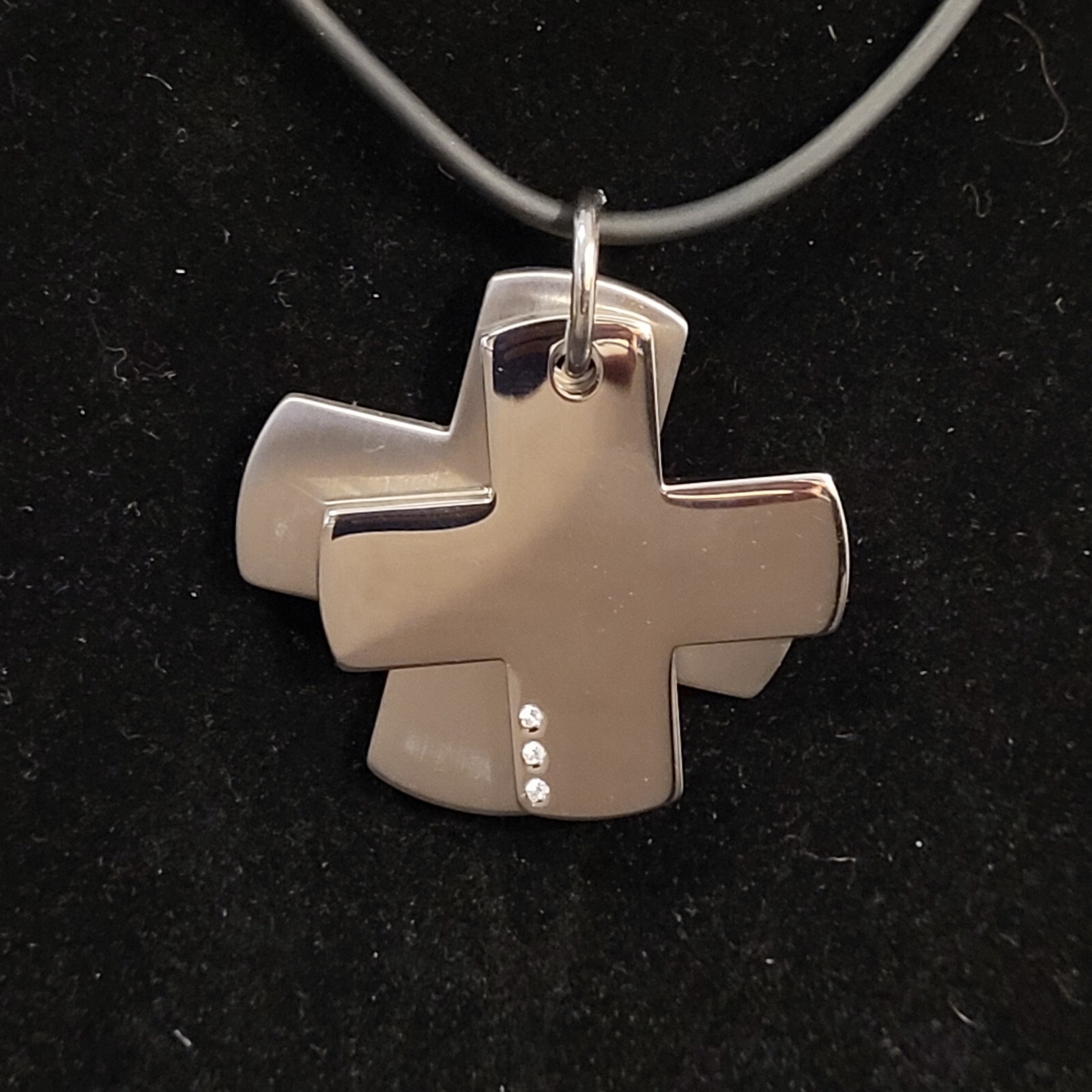 Stainless Steel Wide Double Cross Pendant Necklace w/ Cubic Zirconia ...