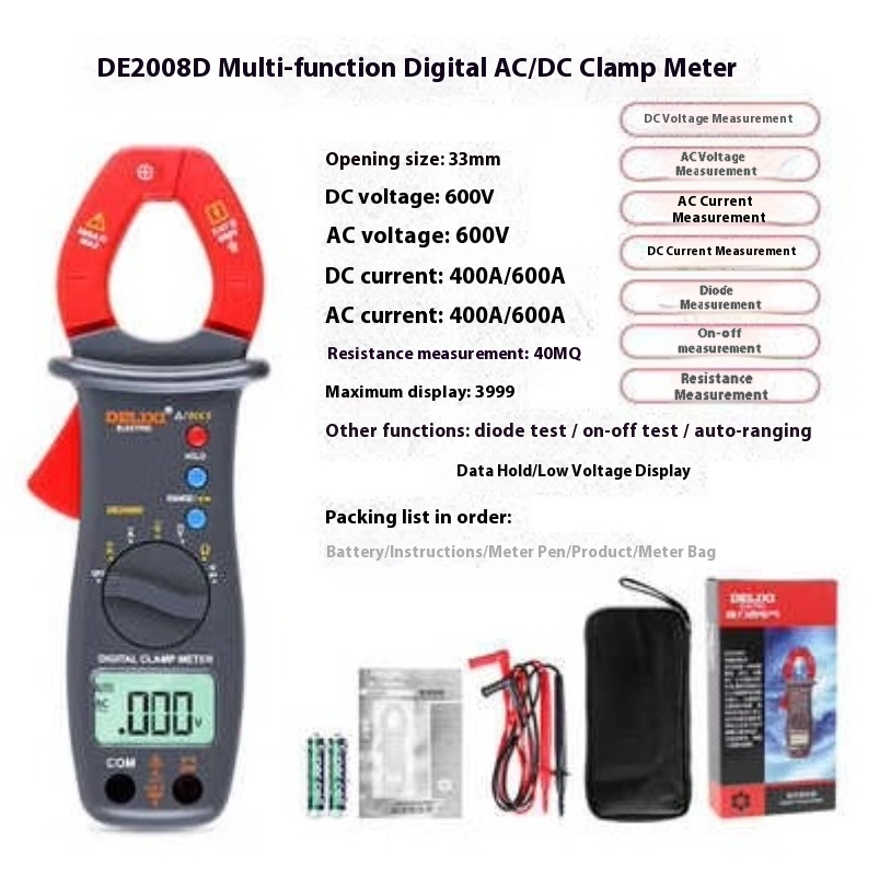 Digital Multimeter Clamp Meter Auto Range AC/DC Volt Amp Ohmmeter ...