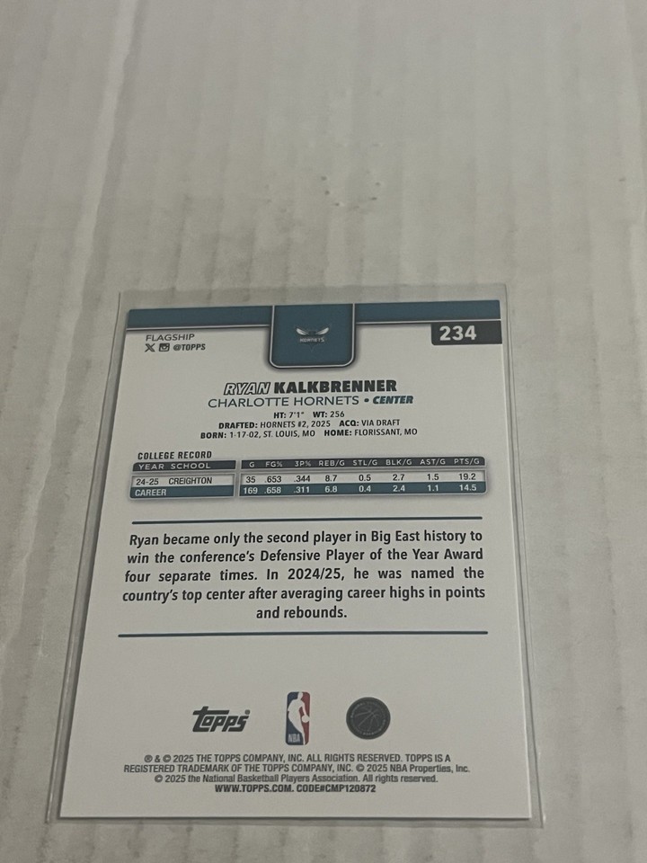 2025-26 Topps Basketball Ryan Kalkbrenner RC Rookie Base | eBay