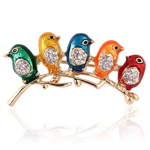 Enamel Five Birds Brooch Pin Crystal Rhinestone Collar Clip Animal ...